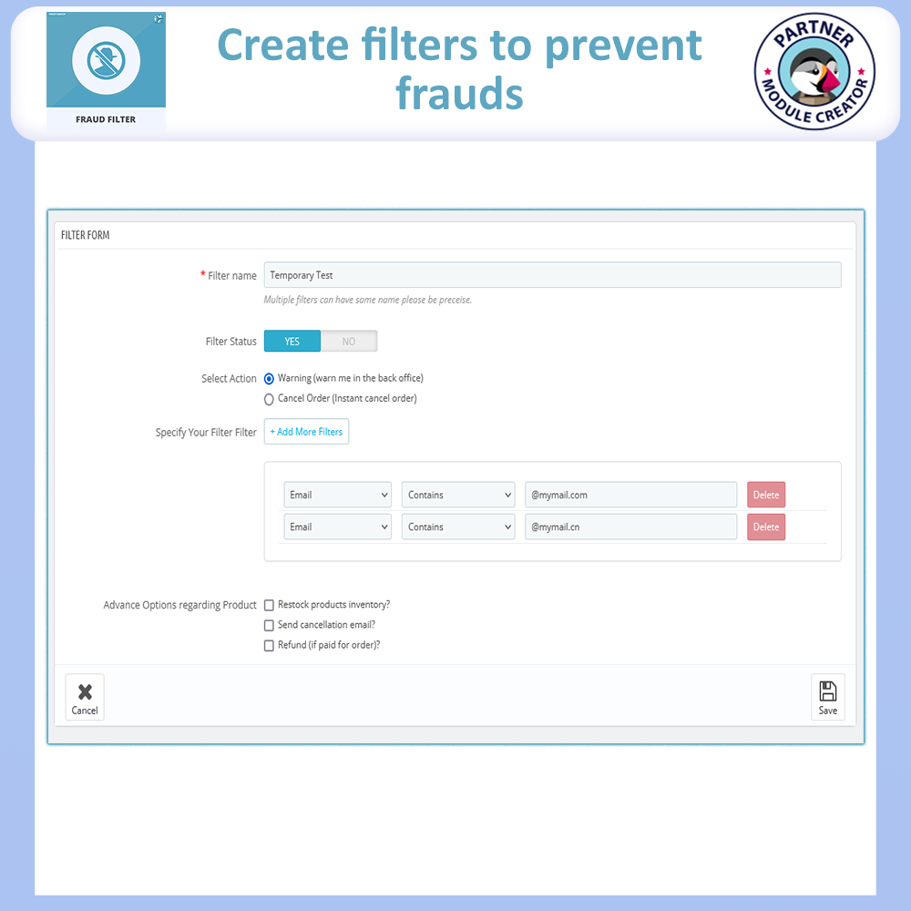 Prestashop free Fraud Alert and Filter module